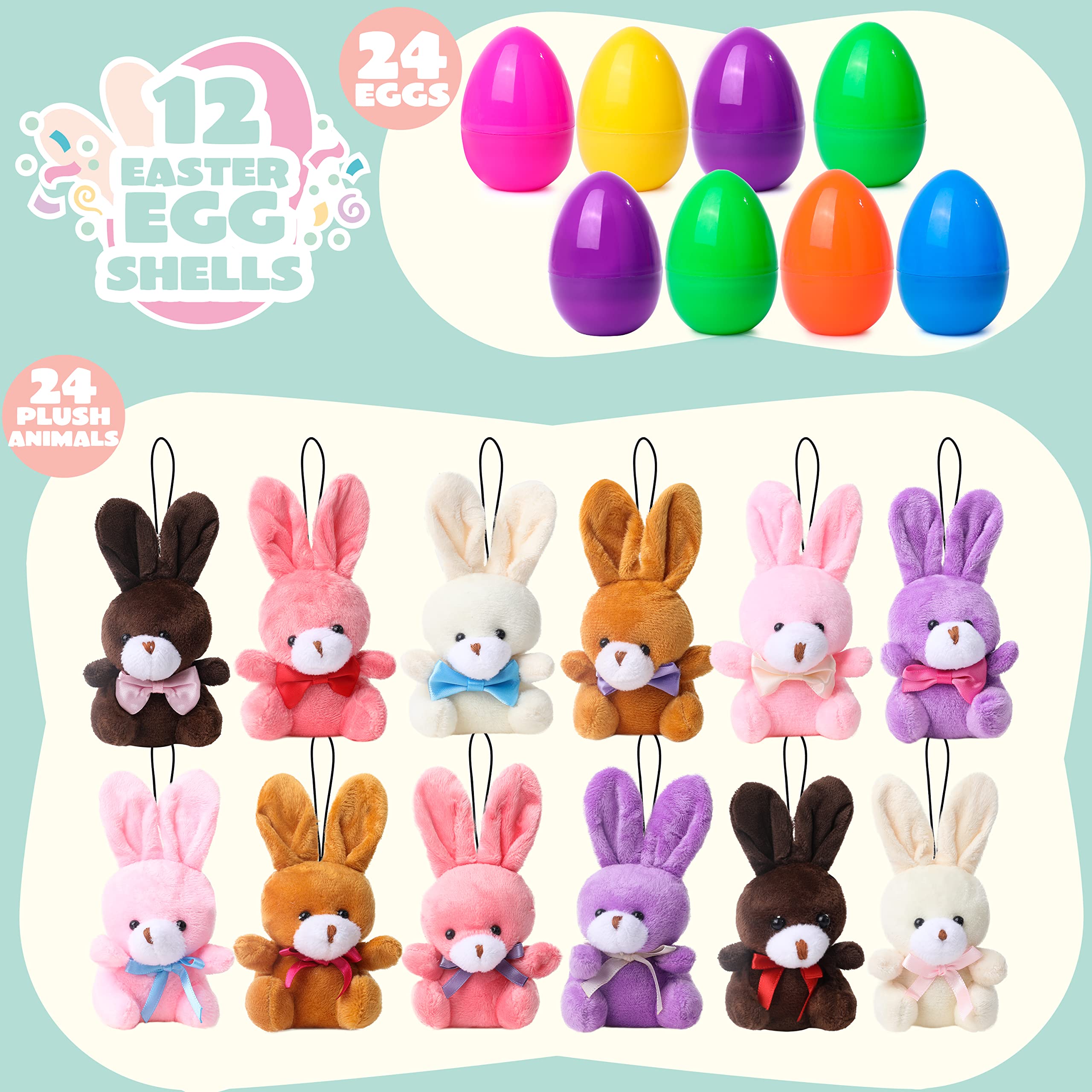 JOYIN 24 Pcs Filled Easter Eggs, Bright Colorful Easter Eggs Prefilled with Variety Plush Bunnies for Kids Toddlers Egg Hunt, Easter Basket Stuffers and Party Favors