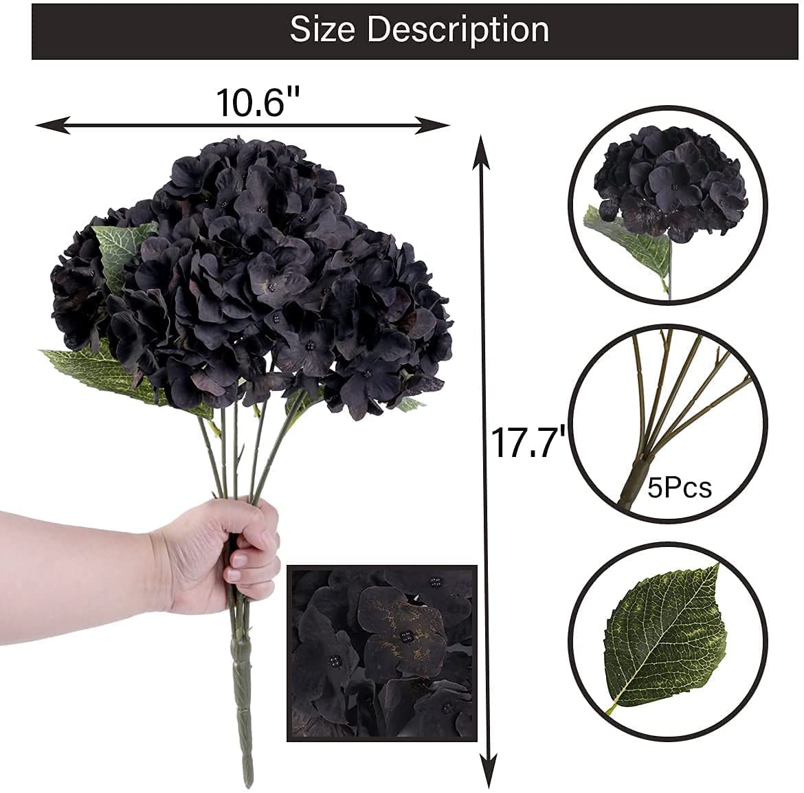 Yamuduo 5Heads Artificial Fake Flowers Plants Silk Hydrangea Arrangements Wedding Bouquets Decorations Plastic Floral Home Kitchen Garden Party Festival Bar DIY (Black)