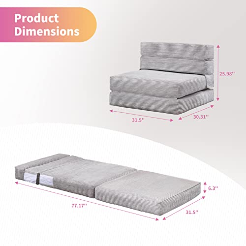 Mixoy Folding Sofa Mattress, Tri Fold Sofa Chair Bed 6.3”,Upholstered Guest Chaise,Floor Couch Sleeper,Folding Futon Sofa Bed Lounge Chaise for Guests,Living Room and Bedroom(Twin Size, Light Grey)