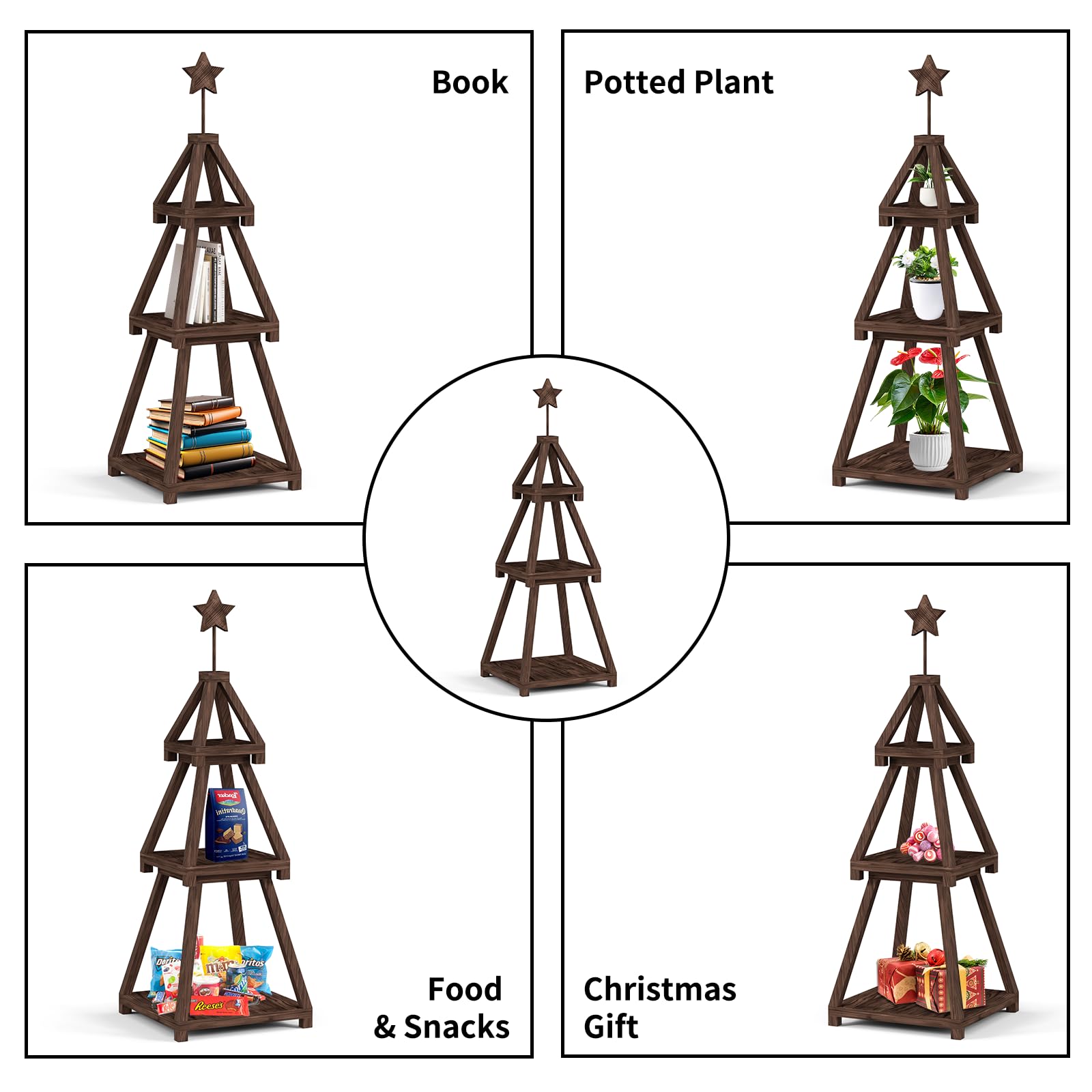 Cotata 41.3 inch 3-Tier Christmas Bookcase,Ladder Corner Solid Wood Tree Bookshelf for liveroom,Walnut