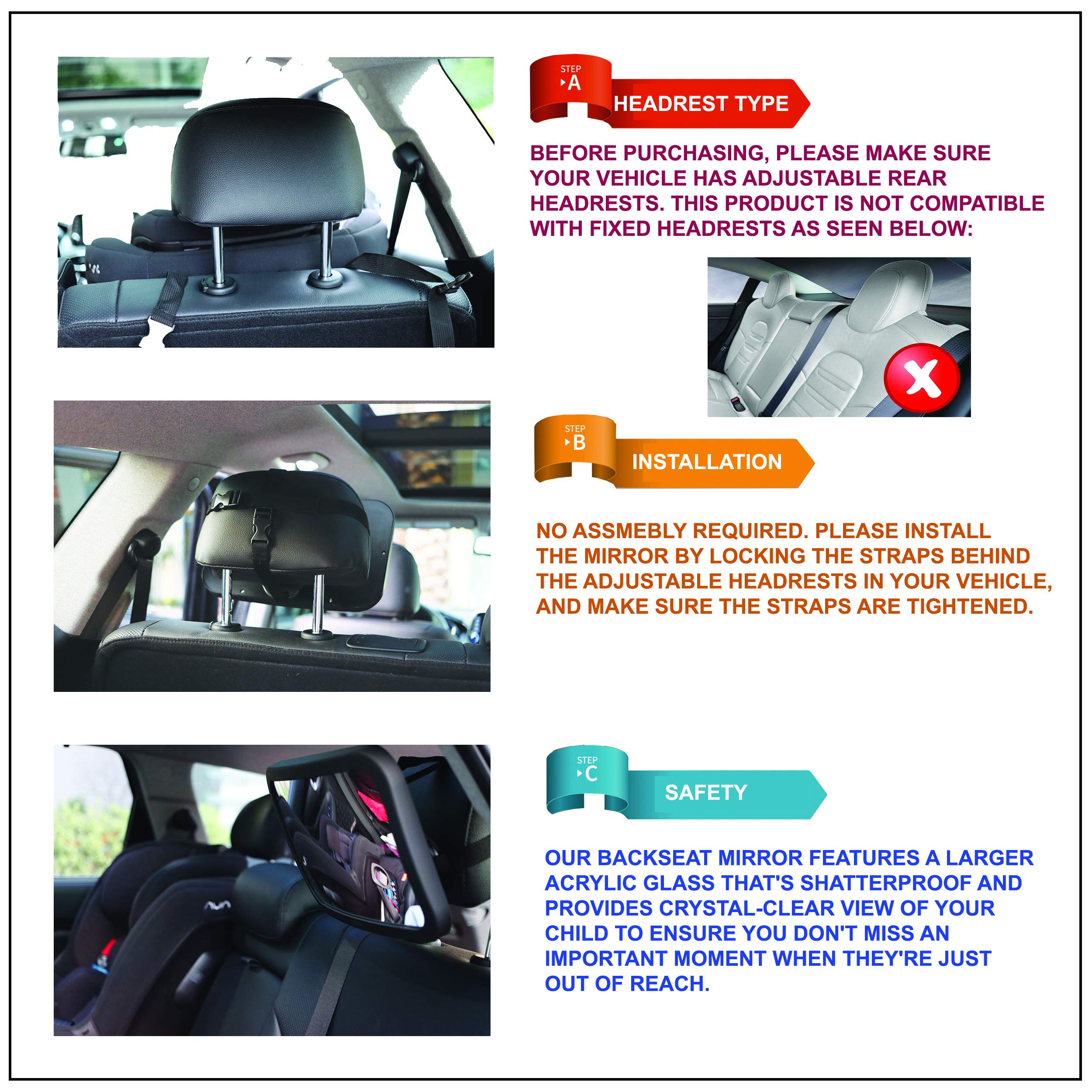 BLIP Baby Car Mirror for Rear Facing Back Seat, X-Large, Clear Shatterproof Acrylic with 360° Multi-Directional Tilting and Viewing, Infant Safe Adjustable Headrest Straps