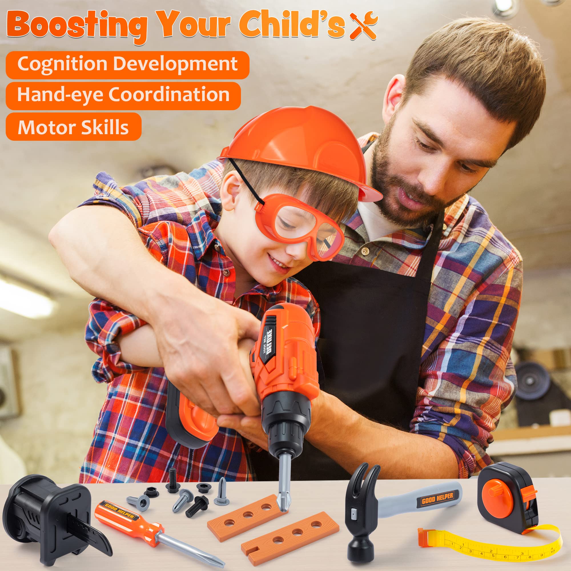 JOYIN 32PCS Kids Tool Set, Pretend Play Toddler Tool Toys with Construction Backpack Costume & Electronic Toy Drill for Boy Girl Halloween Present Birthday Dress Up Party
