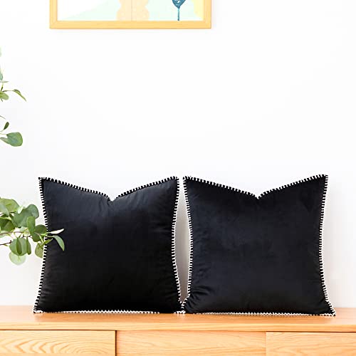 GAWAMAY Decorative Fall Black Pillow Covers 16x16 Inch, Pack of 2 Soft Velvet Square Cushion Cases with Chenille Edge Green Throw Pillowcase Shell for Living Room Sofa Patio Tent Couch Beding 40x40cm