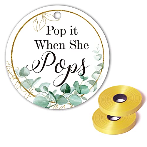 Pop It When She Pops Bottle Tags, Pack of 50 Green Round Mini Champagne Beer Wine Bottle Tags, Baby Shower Favor Tags with 65 Feet Golden Ribbon, 2 Inch.