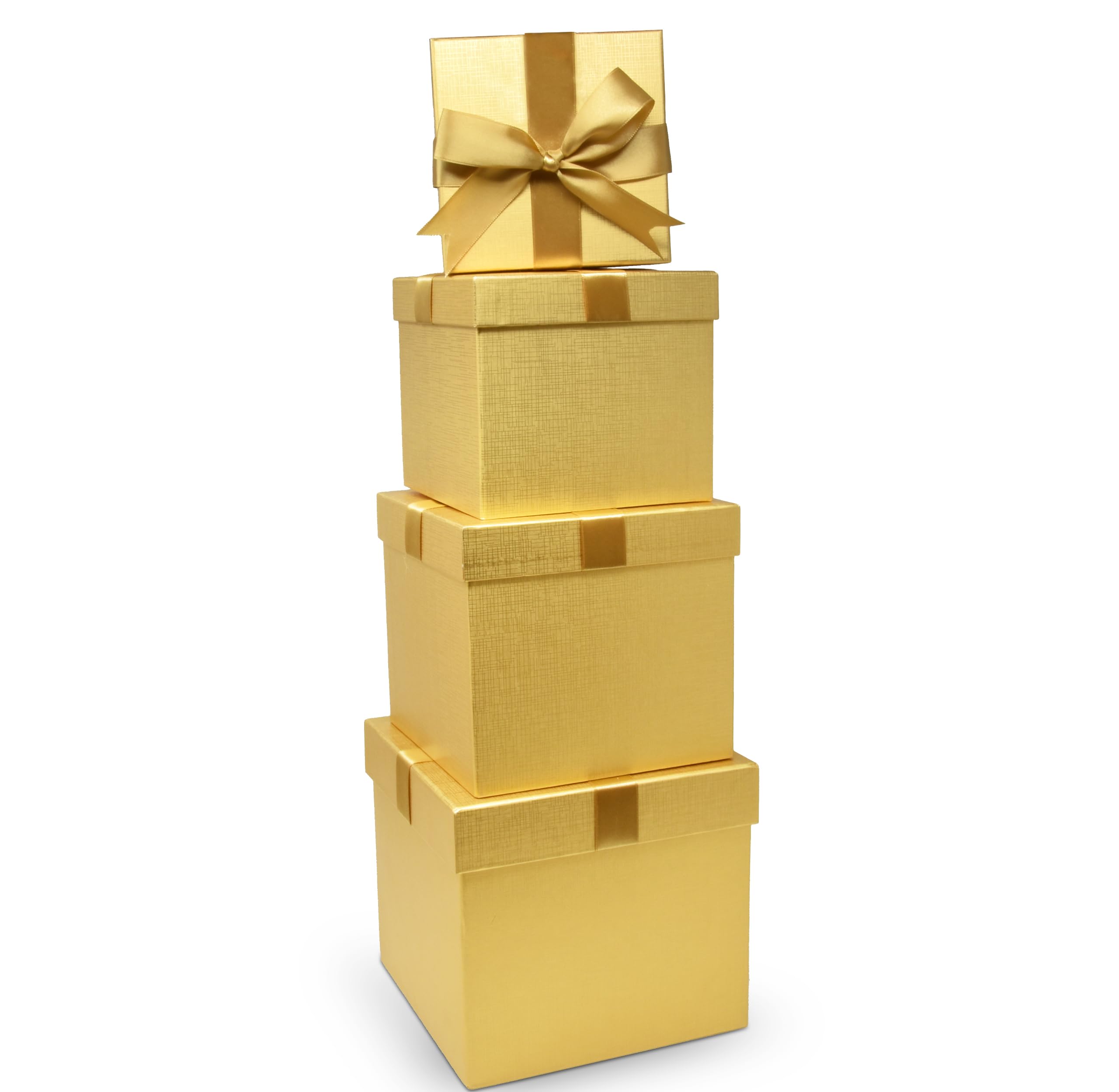 Gold Square Christmas Gift Boxes with Ribbon Bow Set Of 4 Assorted Sizes Reusable Cardboard Stacked Nesting Box with Lids for Gift Giving Holiday Decorative Gifts Present Wrapping