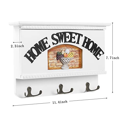 HRONRAD Farmhouse Key Holder for Wall Decorative, Home Sweet Home Decor, 3 Double Metal Key Hooks and 4 Hidden Push & Pull Cover Key Hangers, Rustic Wooden Wall Mounted Key Racks for Entryway (White)
