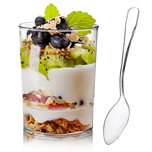 Okllen 100 Pack Mini Dessert Cups with Spoons, 3 Oz Round Shot Cups Plastic Dessert Shooters, Appetizer Parfait Cups Shot Glasses for Chocolate Desserts, Ice Cream, Puddings, Tasting Party