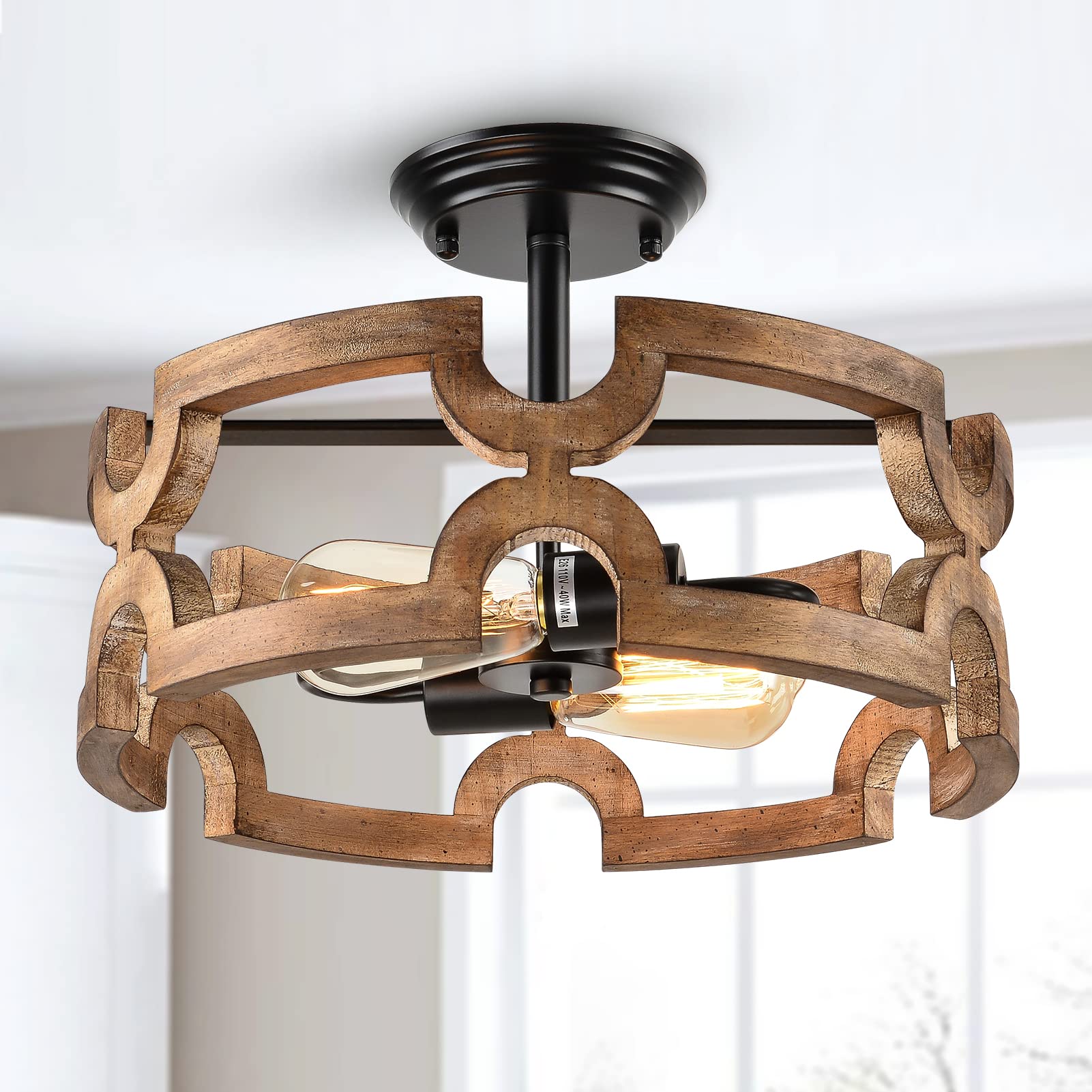 Bribyit Farmhouse Chandelier Light Fixture, Rustic Drum Semi Flush Mount Ceiling Light, 2-Light Wood Pendant Light with Sloped Accessories for Dining Living Room Foyer Kitchen,Height Adjustment