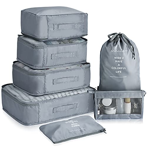 Packing Cubes For Travel, VAGREEZ 7 Pcs Luggage Suitcase Packing Organizers Bags Set with Toiletry Bag Laundry Bag (Grey1)