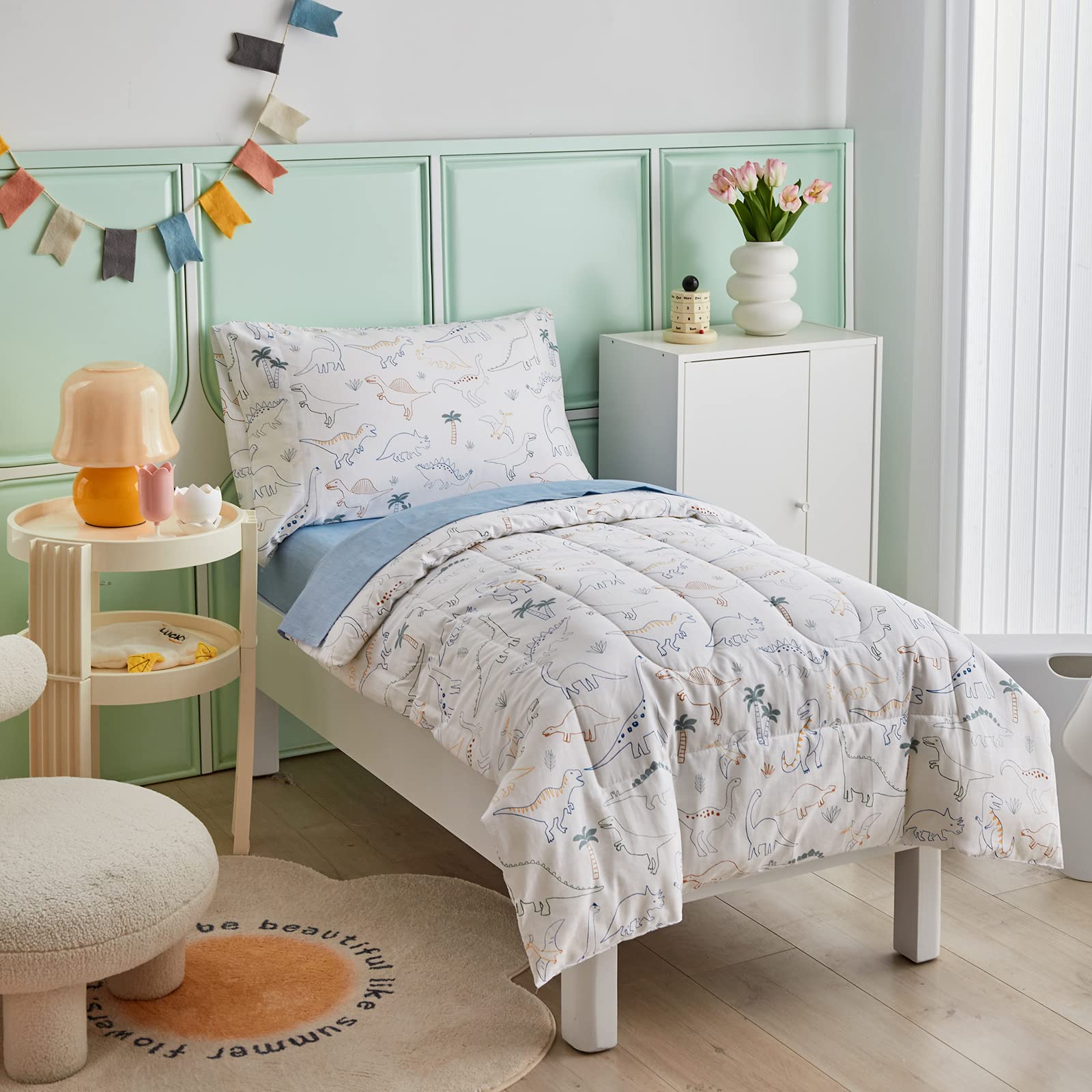 Cotton 4 Pieces White Dinosaurs Toddler Bedding Set Includes Adorable Quilted Comforter,White Fitted Sheet, Top Sheet, and Pillow Case