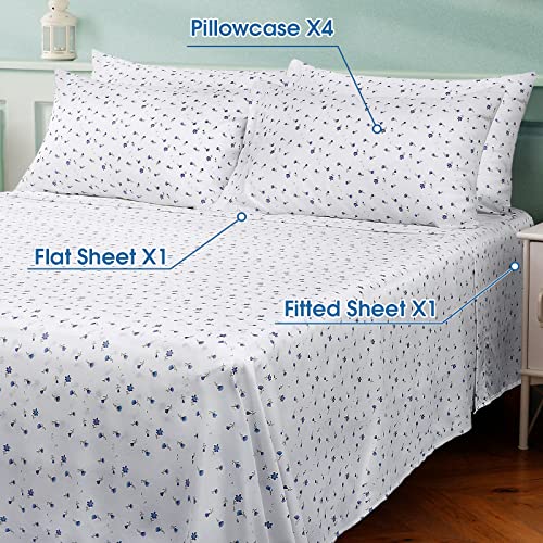 HOMEIDEAS 6 Piece Printed Full Size Bed Sheets, Extra Soft Brushed Microfiber 1800 Bedding Pattern Sheets, Deep Pocket, Wrinkle & Fade Free, Blue Floral