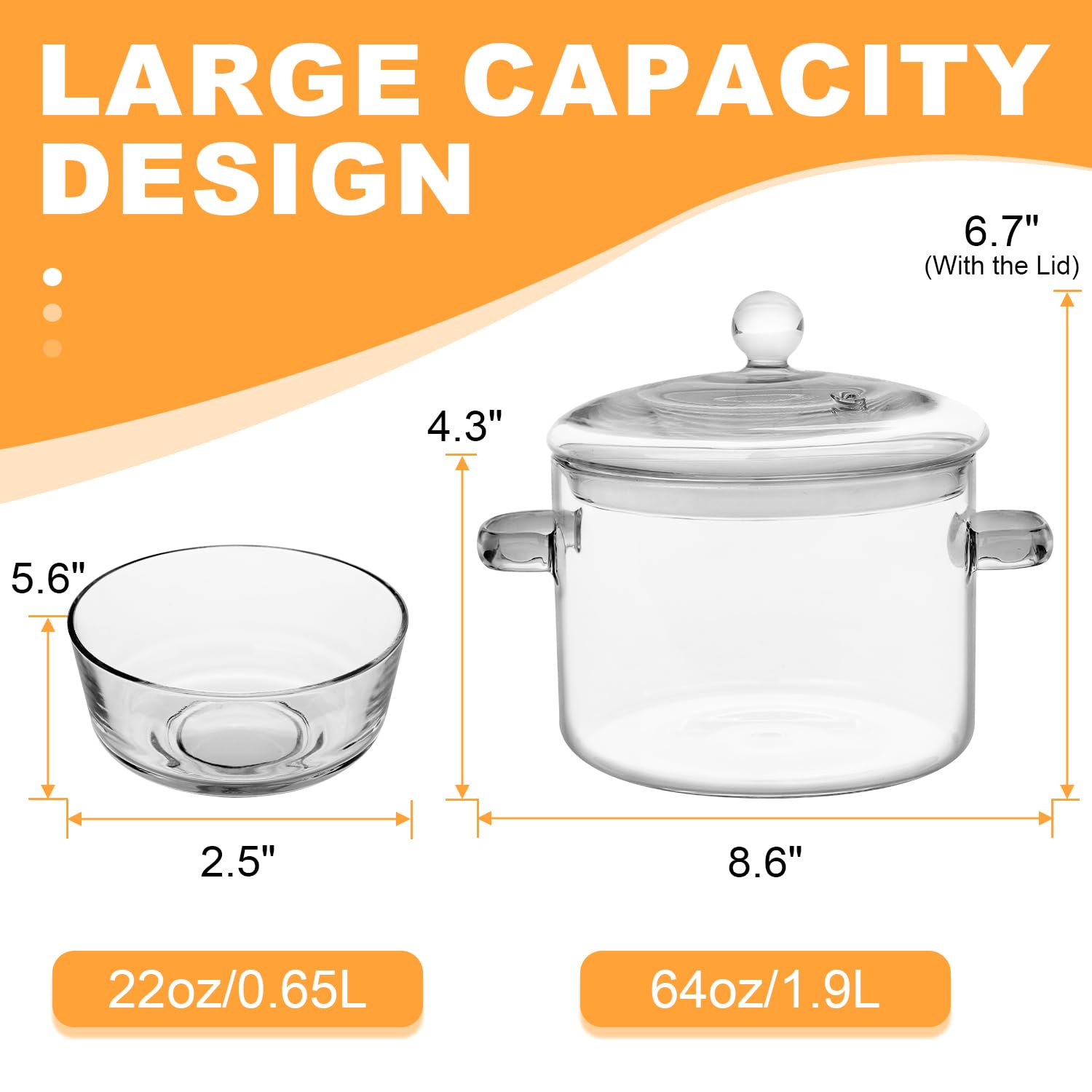 Glass Cooking Pot with Lid and Serving Bowl Set (64OZ/1.9L) - Durable Glass Simmer Pot for Stove Top - Clear Pots for Cooking, Potpourri, Pasta, Soup, Ramen, ect (Comes with Silicone Trivet Mat)