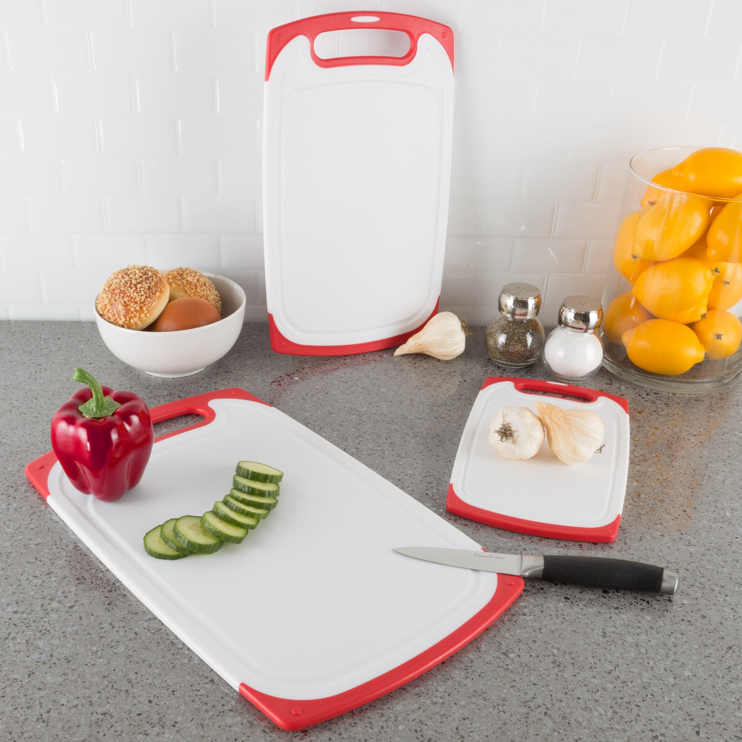 Cutting Board Set- 3 Piece Plastic Kitchen Chopping Boards for Cooking Food Prep with Juice Groove by Classic Cuisine (Red)