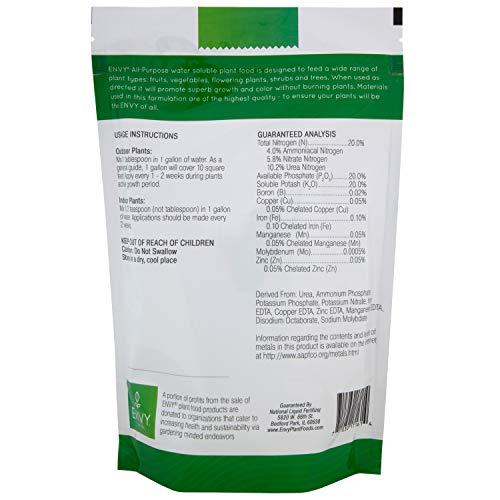 ENVY Professional Grade All-Purpose Plant Food (20-20-20) 100% Water Soluble - in Resealable Pouch W/Measuring Scoop (1.5 lb)