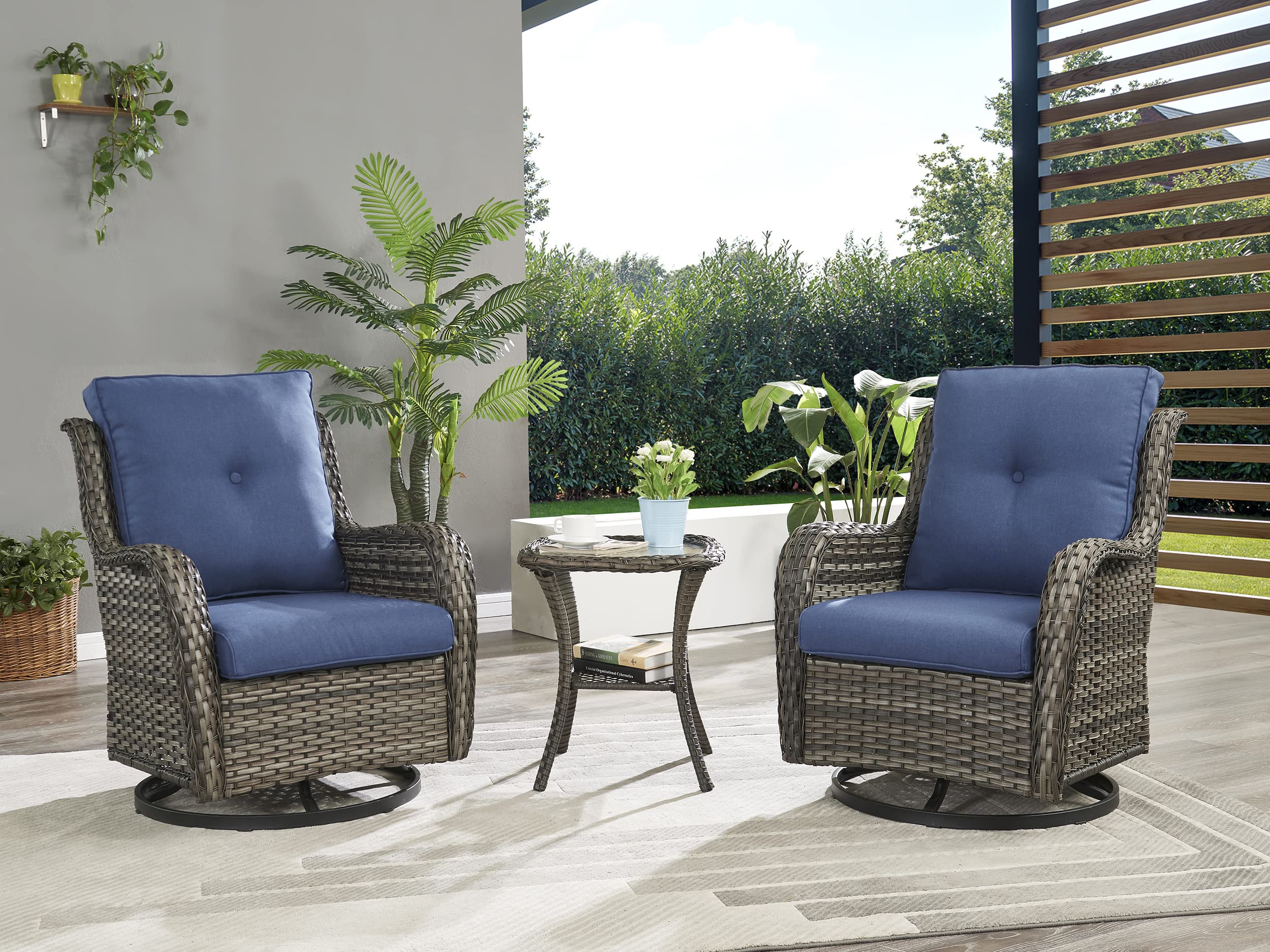 Rilyson Wicker Rocking Chair Swivel Chairs - 2 Piece Rocker Patio Chairs Set Rattan Rocking Chair for Outdoor Porch Deck Garden Backyard (Mixed Grey/Blue)