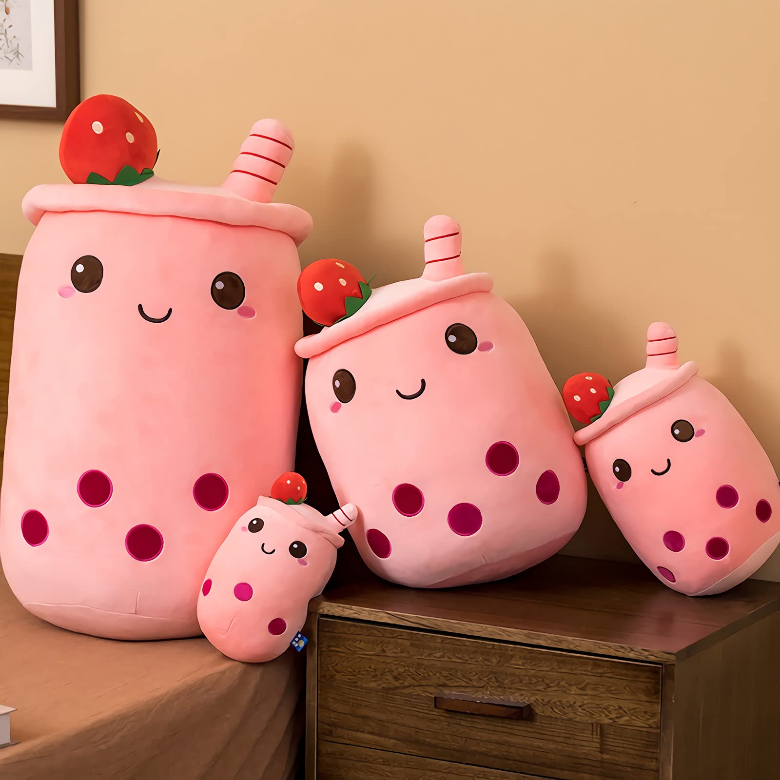VICKYPOP Boba Plush Toy Cute Stuffed Bubble Tea Food Shaped Throw Pillow Cushion Cartoon Fruit Milk Tea Gift for Kids (Pink Open, 9.4 inches)