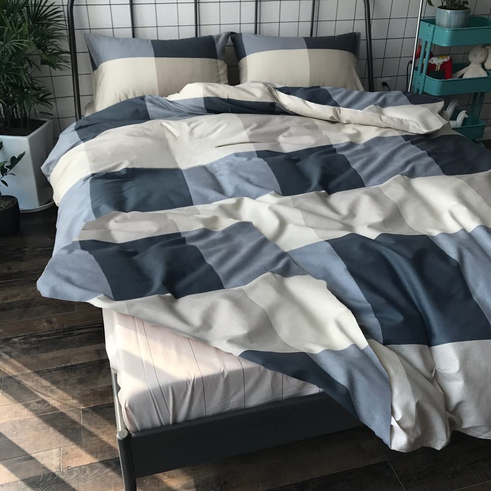 Cotton Striped Duvet Cover Twin Modern Style White Blue Grey Stripe Pattern Comforter Cover Geometric Stripe Bedding Set 1 Twin Duvet Cover with 2 Pillowcases Geometric Stripe Bedding Collection