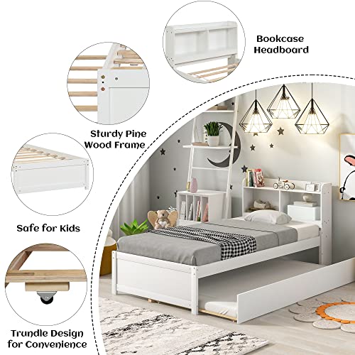 Olela Twin Bed with Trundle Bookshelf, Platform Twin Bed with Trundle with Bookcase Storage for Girls Boys, No Need Box Spring (White)