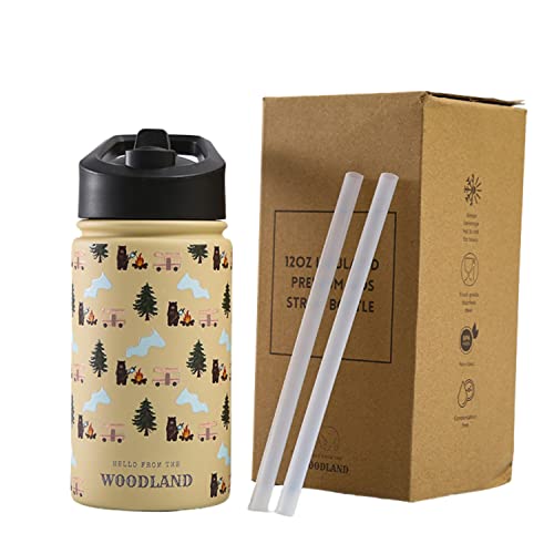 Kids Thermal Bottle with Straw Lid and Loop Cap, 12oz Premium Stainless Steel Water Bottle, Easy to Drink for Toddlers, Keeps Drinks Fresh for 12 Hours (Camping Bear)