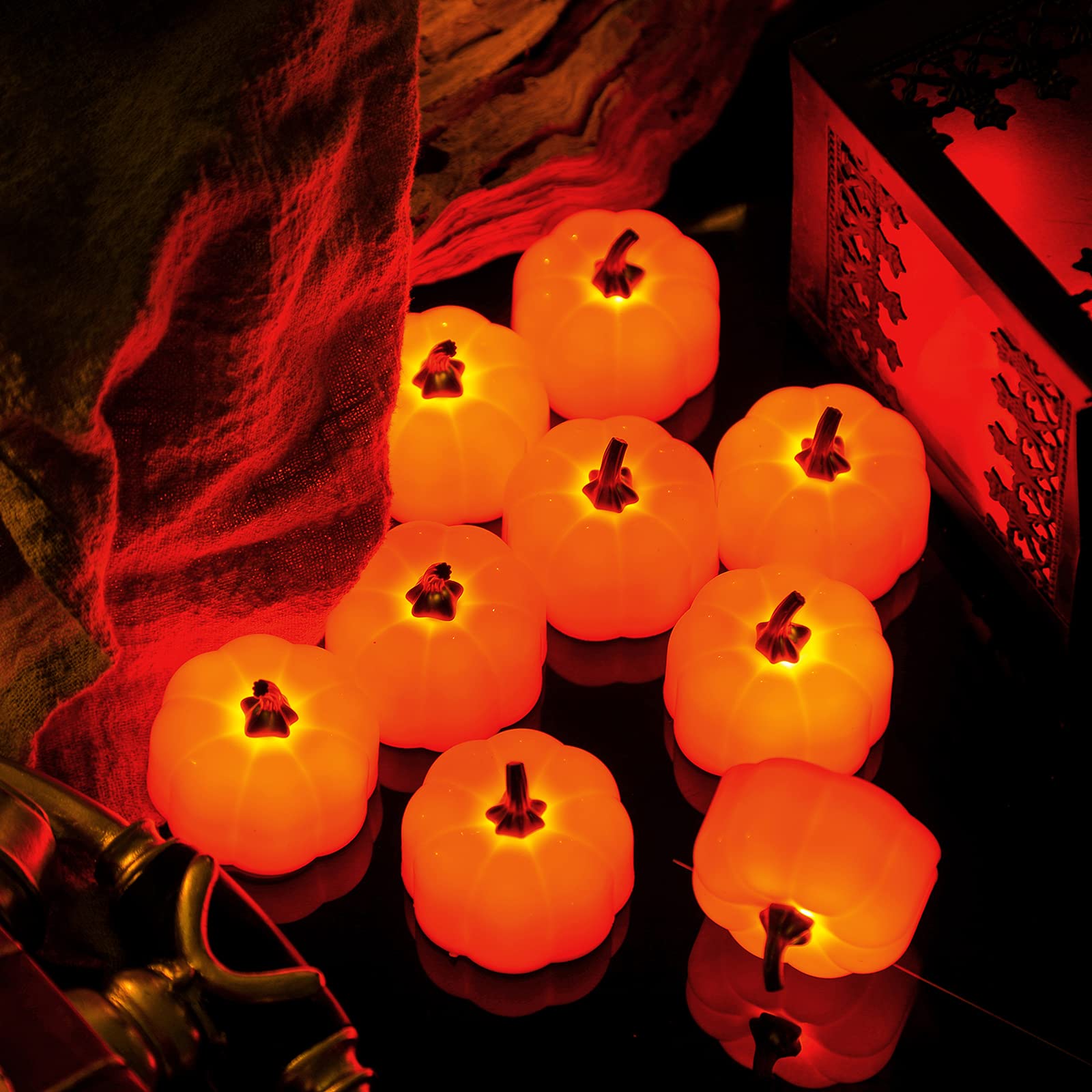 RSXCEOM 12 Pack LED Pumpkin Lights, Halloween Pumpkins Battery Operated, Pumpkin Tea Lights, Flameless Candles for Halloween Decoration, Party, Orange