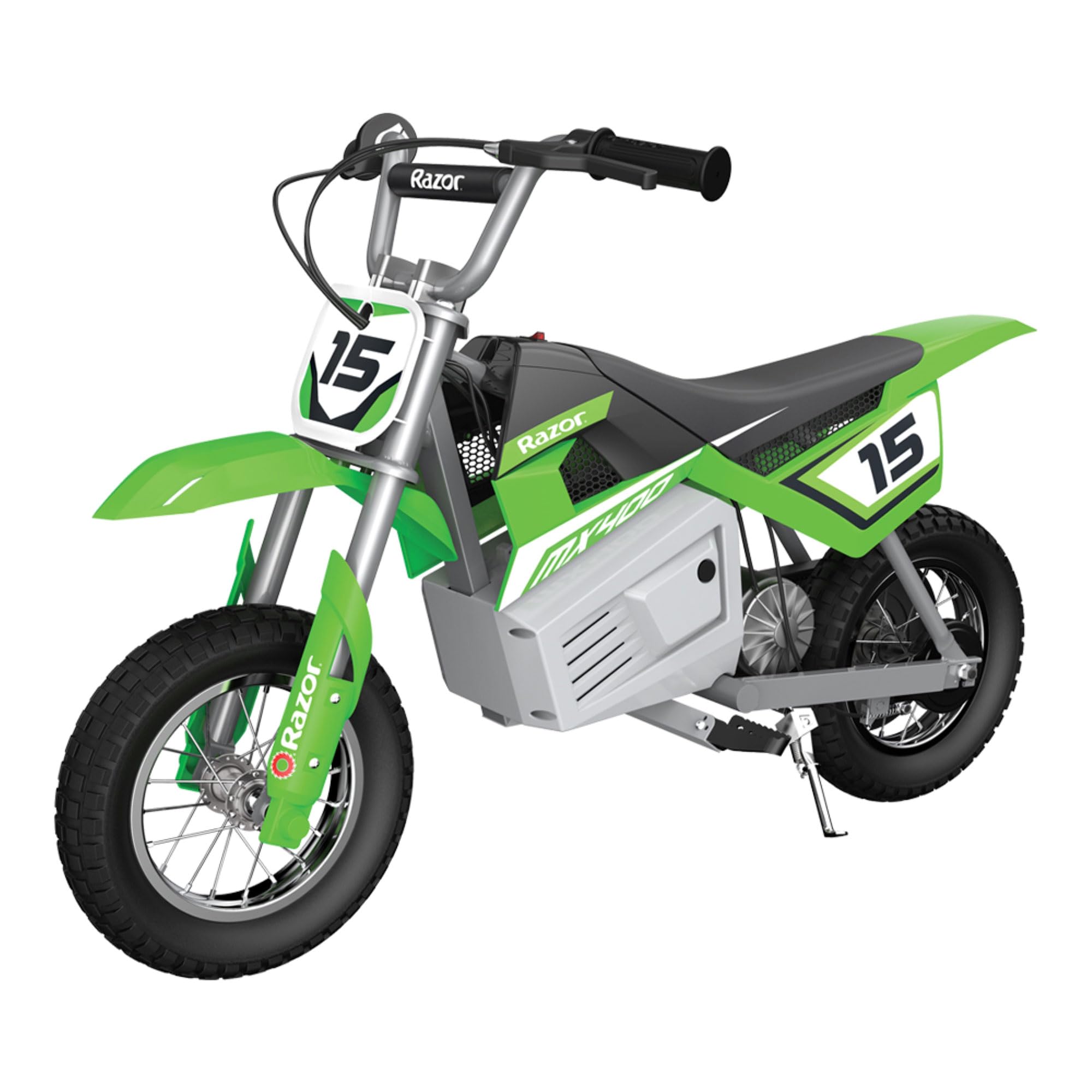 Razor MX400 Dirt Rocket 24V Ride On High-Torque Electric Motocross Motorcycle Toy Dirt Bikes, Speeds up to 14 MPH, for Ages 13+, 1 White & 1 Green