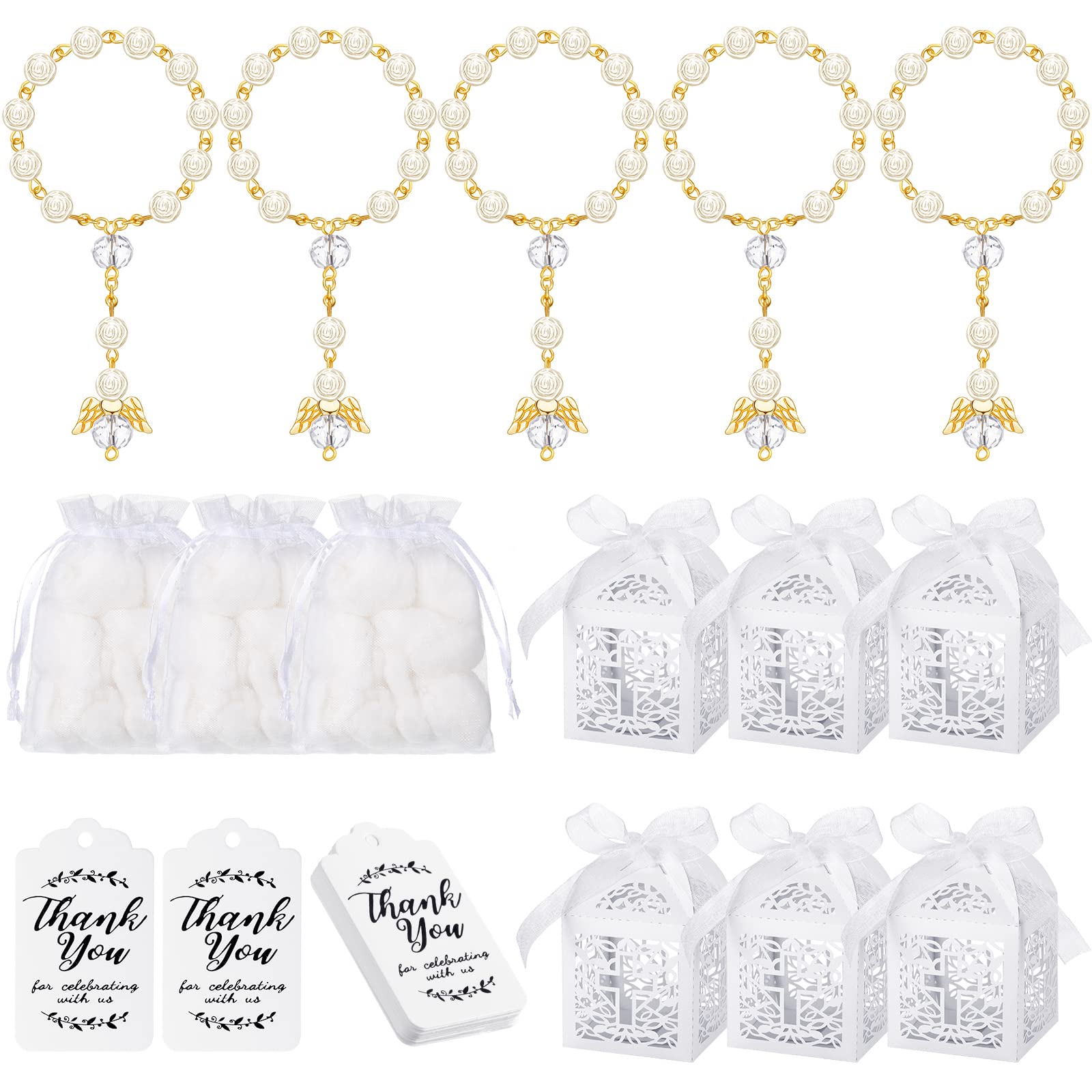 MTLEE 100 Pieces Baptism Rosary Favors Sets Include Mini Small Rosary with Angel, Baptism Favor Boxes, Organza Bags, Thank Kraft Tags for Baby Shower Wedding Decor (Gold)