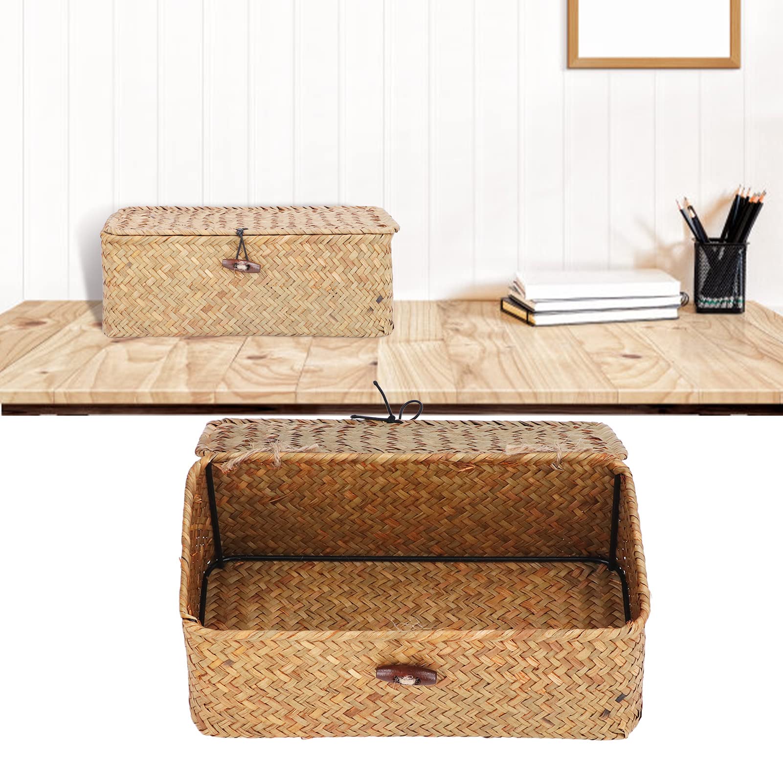 CHICIRIS Seagrass Basket with Lid, Wicker Storage Basket with Lid Hand Woven Rectangular Shelf Organizer Box Organizing Bin for Home Living Room Bedroom (Caramel) (M)
