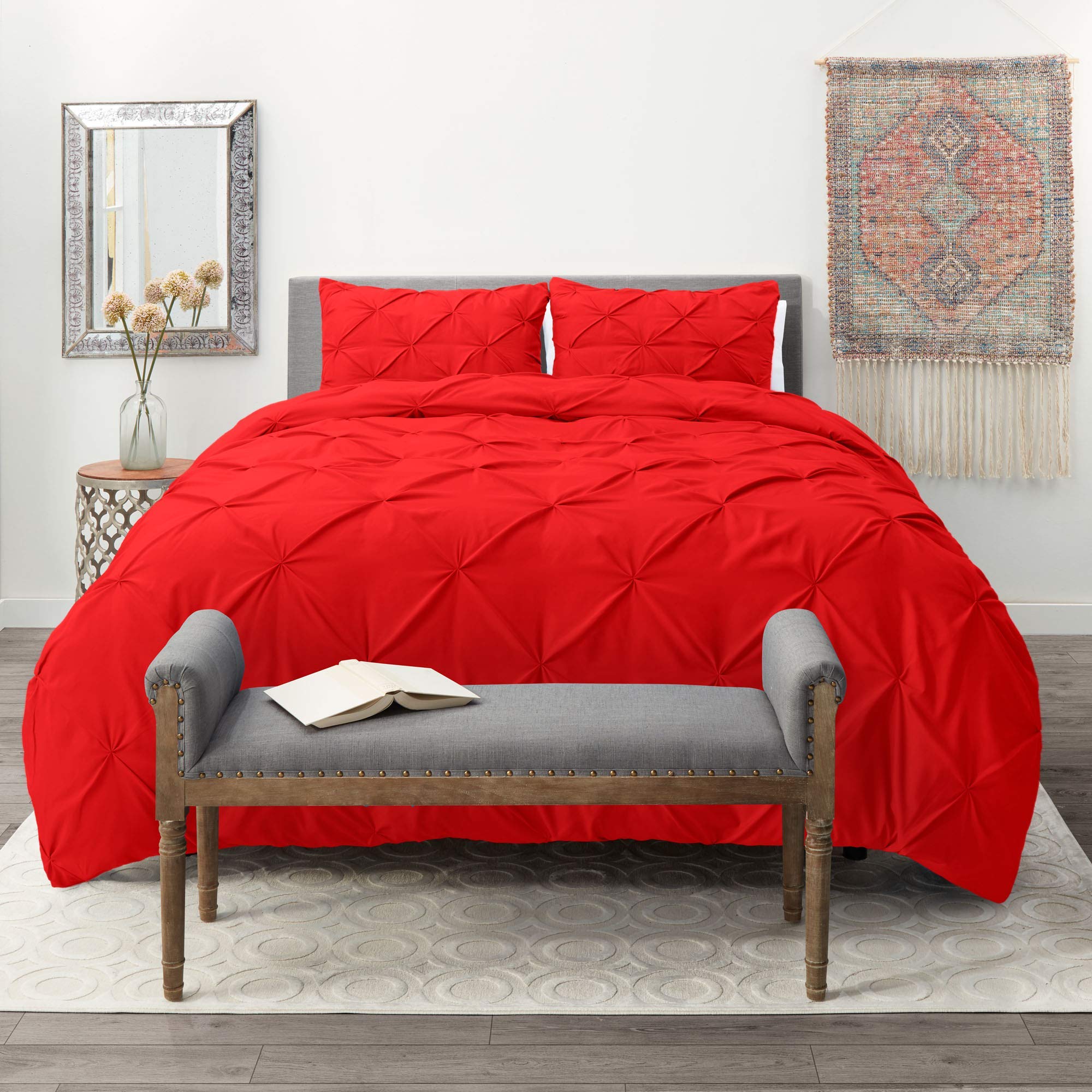 Good Night Bedding Duvet Cover Set - Pinch Pleated 3 Piece Duvet Cover Set 100% Cotton 800 Thread Count with Zipper & Corner Ties Tuffed Pattern Pintuck Decorative (King/Cal King, Red) Duvet Set