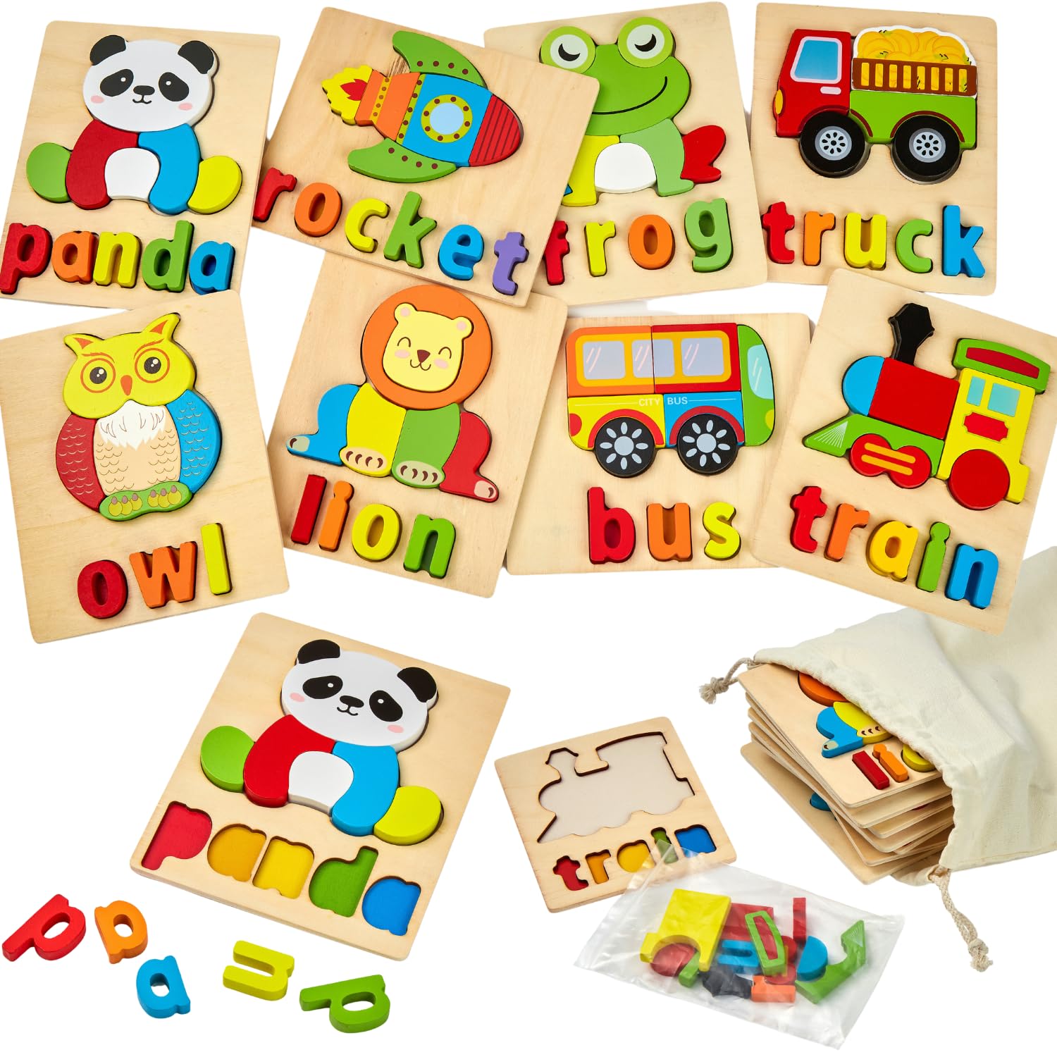Wooden Puzzles for Kids Ages 3-5 by Mathiso, Set of 8 Colorful Toddler Puzzles for Kids with Drawstring Bag – Preschool Learning Activities Educational Montessori Toys for 3+ Year Old Boys and Girls