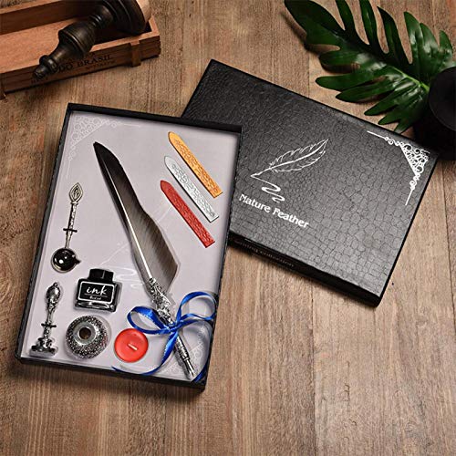 Omabeta Calligraphy Feather Quill Dip Pen Set Quill Dip Pen Feather Fountain Pen for Someone Special(Grey)