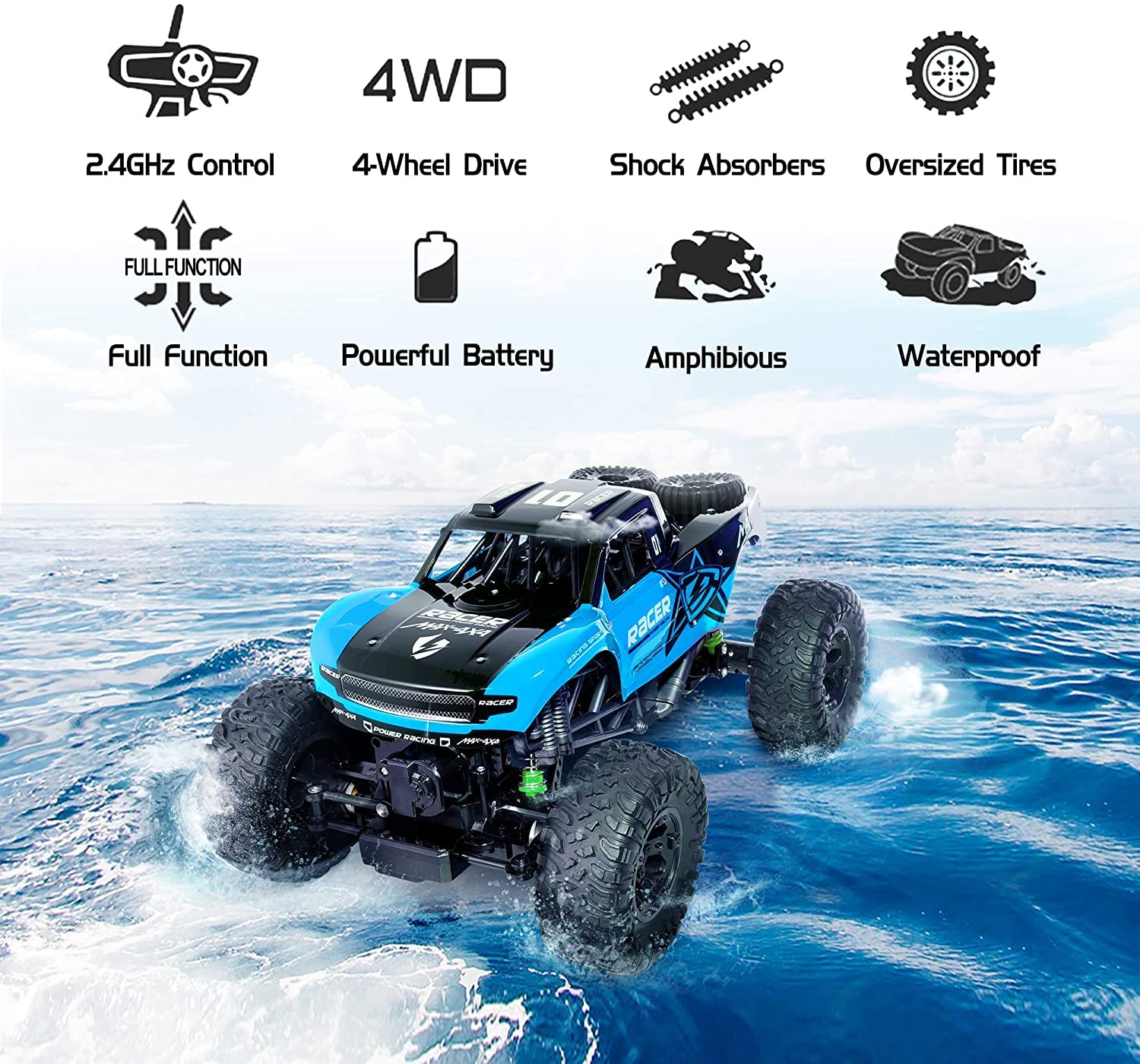 RC Cars 1:12 Remote Control Car, 2.4GHz Waterproof Racing Car Off-Road RC Crawler Toy Gift with Two Rechargeable Batteries