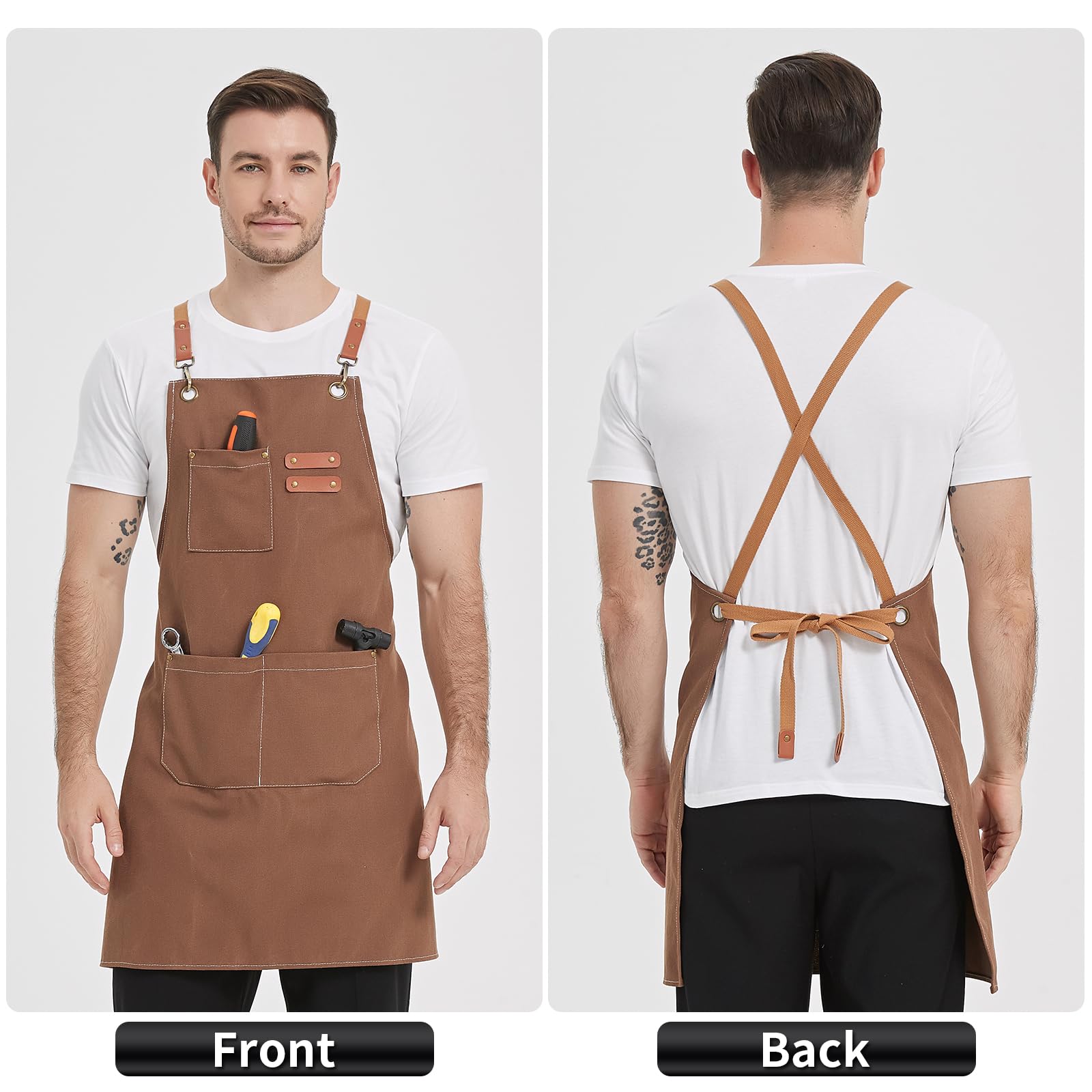 FunChaos Brown Canvas Aprons, Work Aprons for Men Women, Chef Aprons with Adjustable Strap and 3 Pockets, Apron for Servers Kitchen Cooking Baking Artist Painting, Cross Back