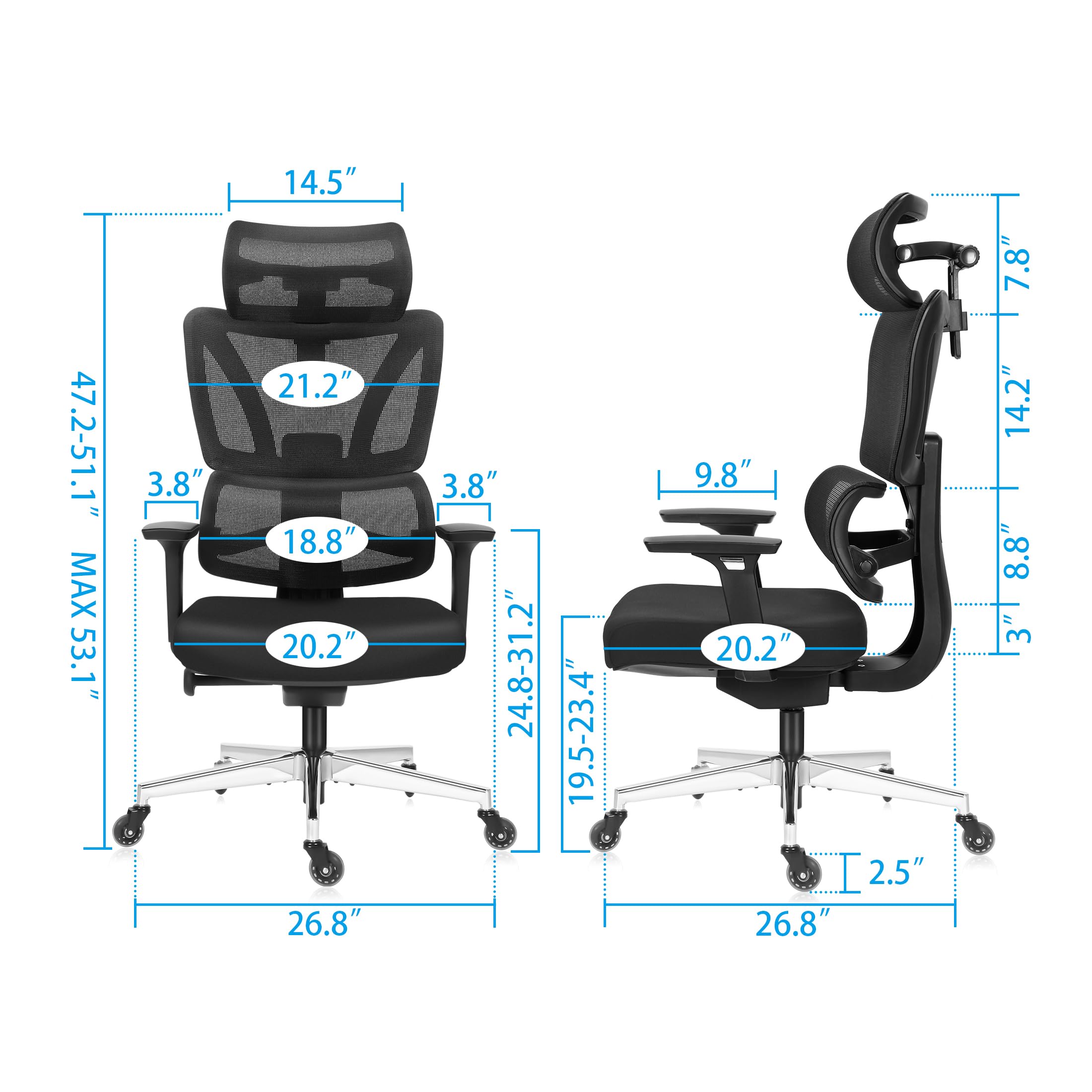 HUAUR C19 Ergonomic Mesh Office Chair with Adjustable Height Lumbar Support,3D Armrest & Headrest,Tilt Function,Blade Wheel for High Back Desk Chair,Swivel Big and Tall Computer Chair (Black)