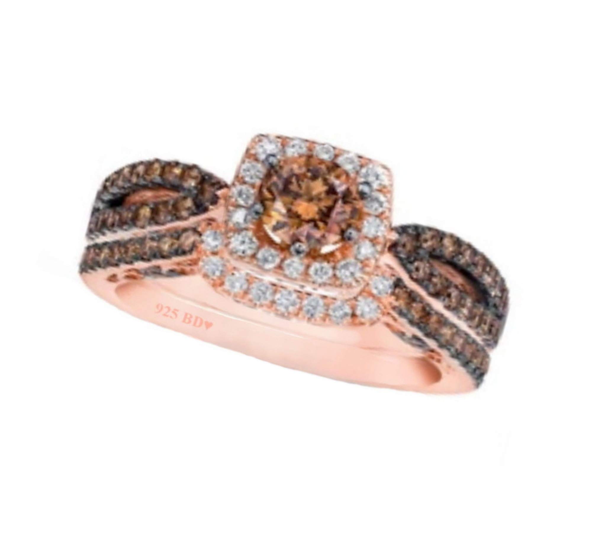 BRANDY DIAMONDORABLESā„ 18K Rose Gold Silver Chocolate Brown Solitaire Princess Halo Bridal Love Ring Set 2 Ctw.