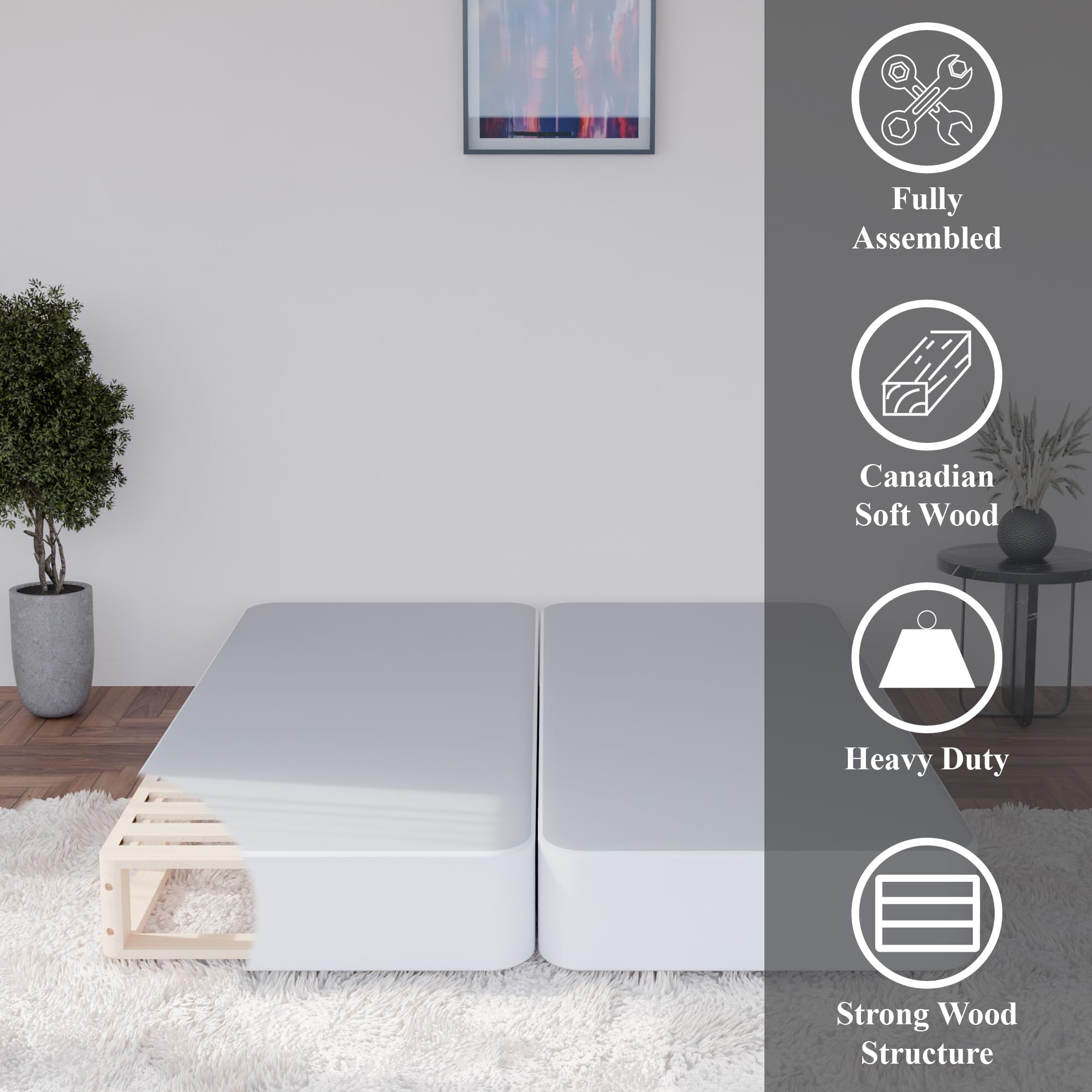 Greaton, 4-Inch Sturdy Box Spring for Mattress Support-Durable and Fully Assembled, Natural Wood Foundation for Full, White