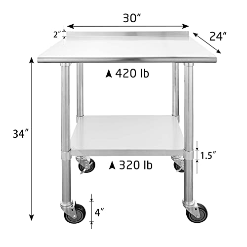 VKKILPEE Stainless Steel Table for Prep & Work 24 x 30 Inches with Caster Wheels, Kitchen Island Cart, NSF Commercial Heavy Duty Table with Undershelf & Backsplash for Restaurant, Home and Hotel