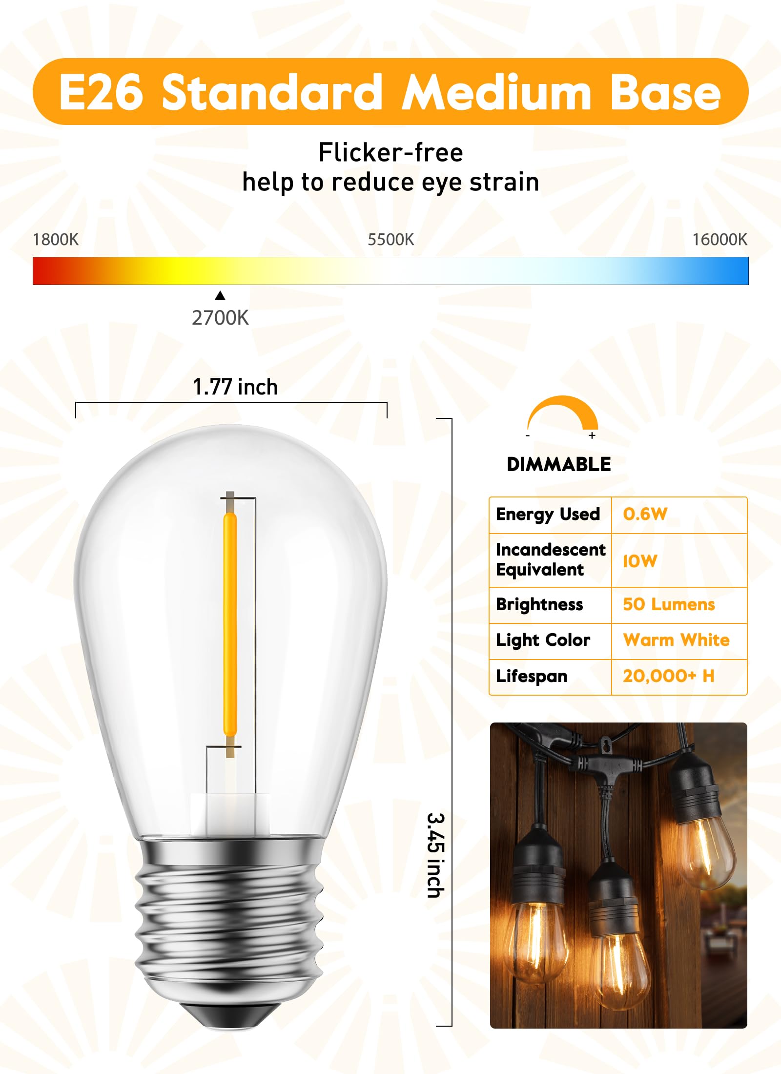 Brightown Shatterproof LED S14 Replacement Light Bulbs-E26 E27 Medium Screw Base Edison Bulbs Equivalent to 11 W, Fits for Commercial Outdoor Patio Garden Vintage Lights, 25-Pack, Warm White