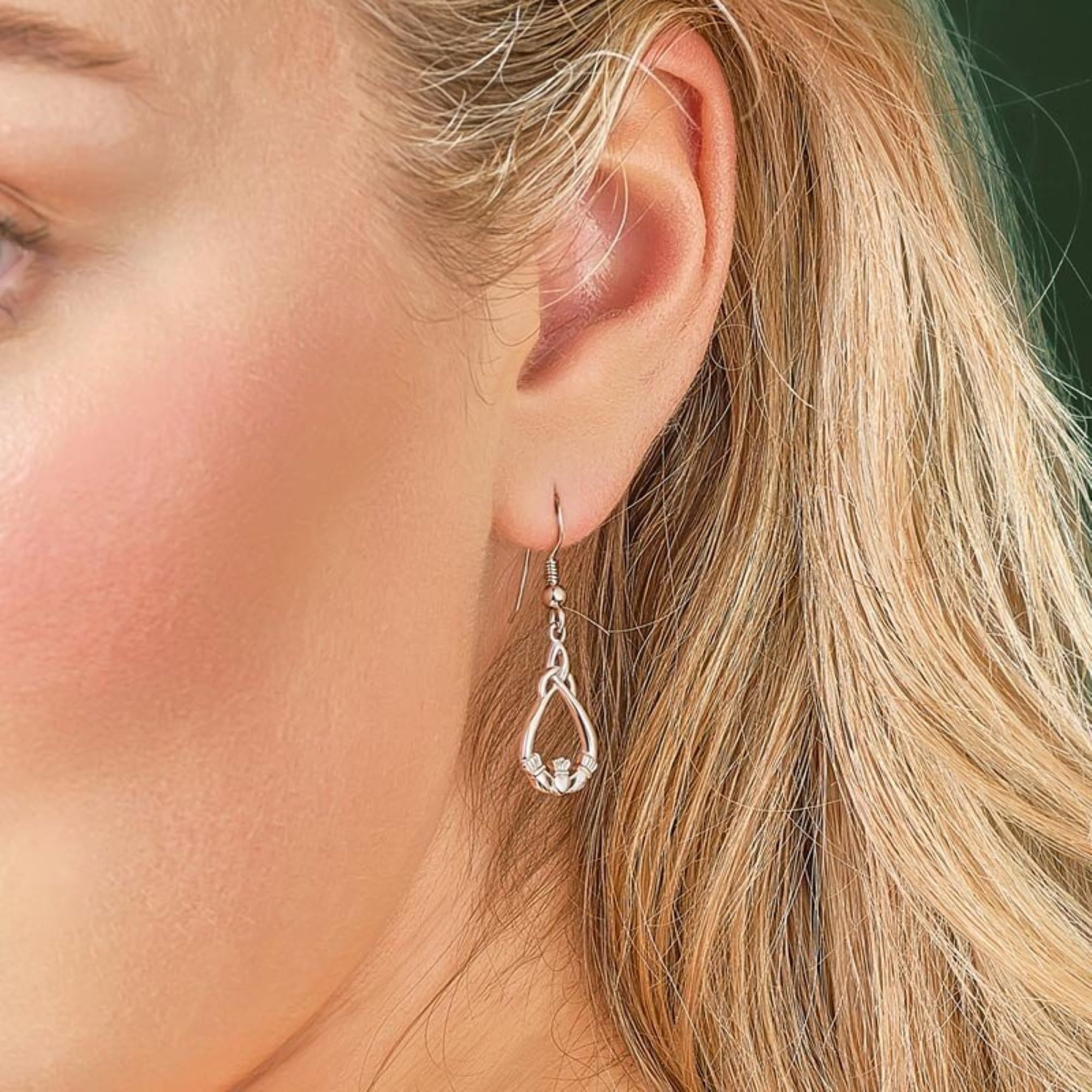 Biddy Murphy, Traditional Irish Claddagh & Trinity Knot Dangle Earrings for Women, 925 Sterling Silver Classic Celtic Jewelry, Imported from Ireland, 1 Inch by 3/8" Inch