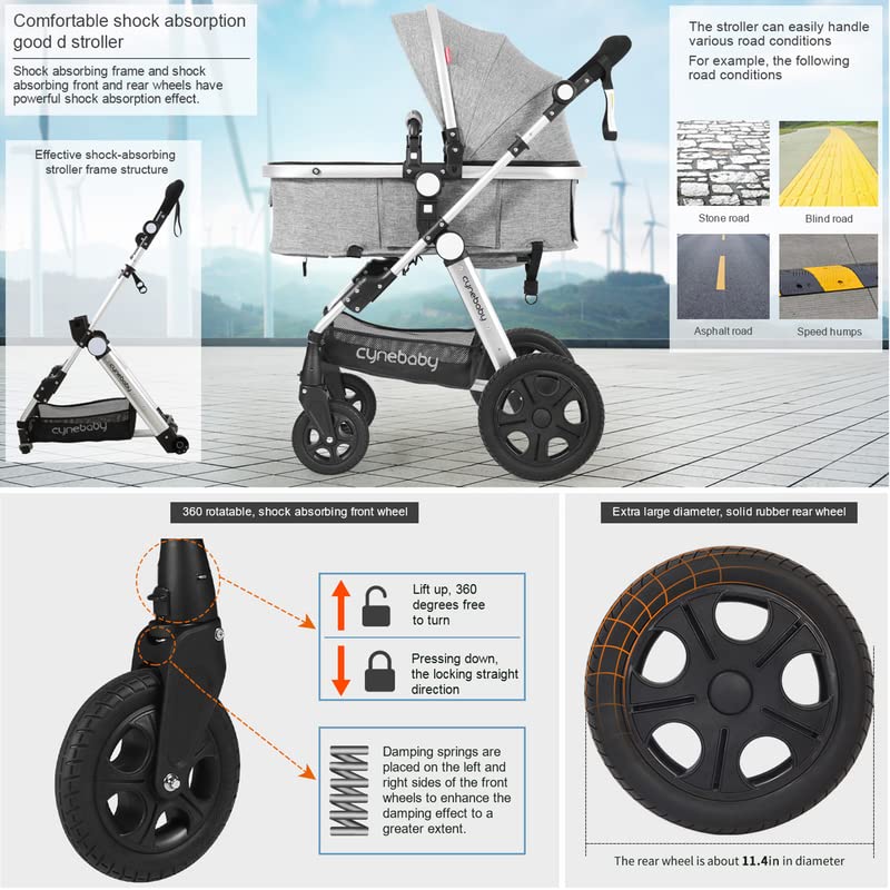 Cynebaby Baby Stroller, Convertible Bassinet Stroller for Newborn Infant Lightweight Pram Strollers with Snack Tray… (Gray)