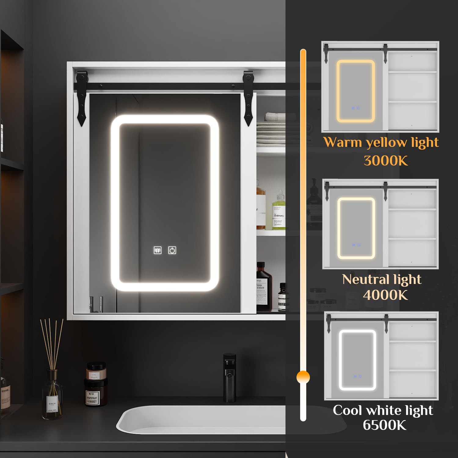 FUNISIR Mirror Medicine Cabinet Wall Mounted, 35.4" x 27.6" Bathroom Lighted Mirror Medicine Cabinet with Farmhouse Sliding Barn Door, Makeup Vanity Mirror with Defogger, Dimmer, Storage
