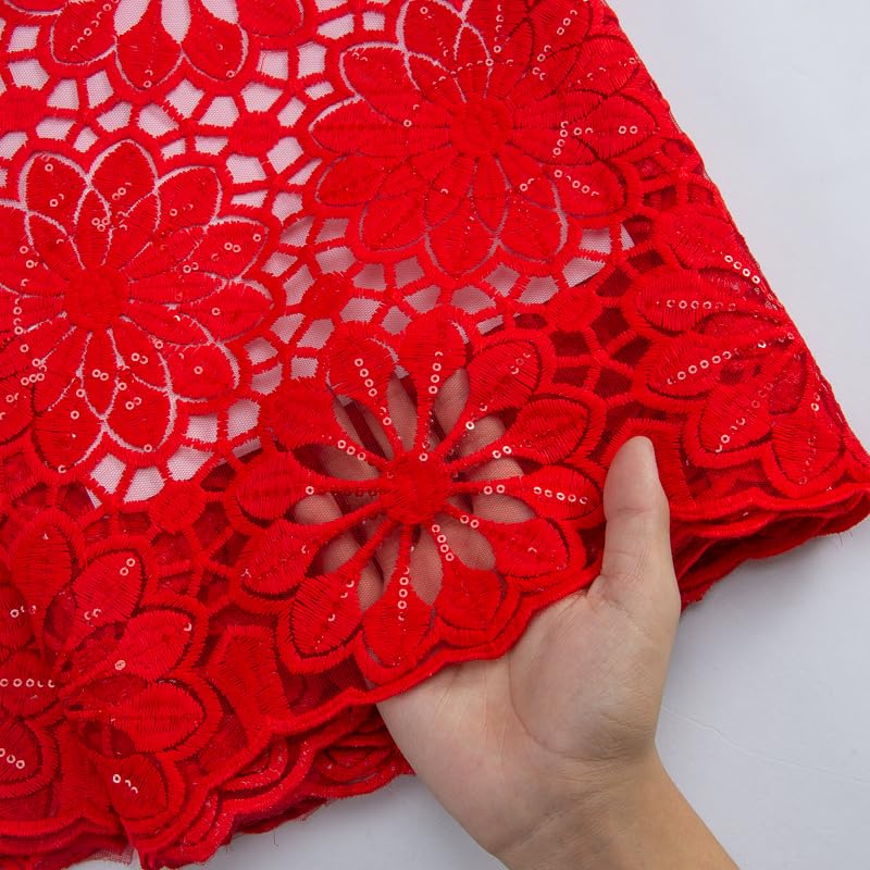 KAJURUI African Lace Fabric 5 Yards, Nigerian Mesh Lace Fabric with Sequins for Daily/Party Sewing