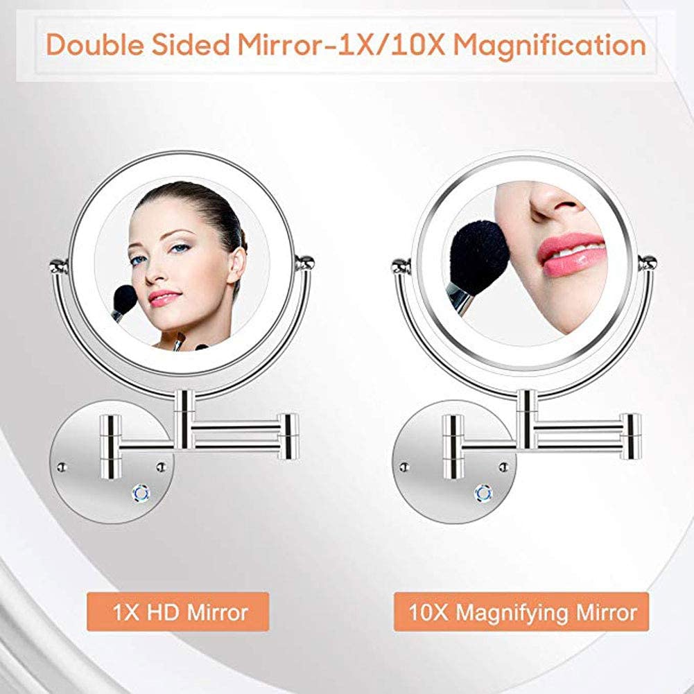 CZQ Makeup Mirror Wall Mount LED, 10X Magnification, 360°Swivel 12" Extension Two-Side Retractable Makeup Mirror for Bathroom Bedroom,8.5 Inch