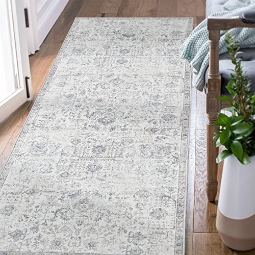 jinchan Rug 2x8 Area Rug Vintage Hallway Indoor Floor Stair Runner Thin Rug Retro Distressed Grey Multi Carpet Floral Print Country Accent Rug Non Slip Bathroom Kitchen Bedroom Living Room Stairway
