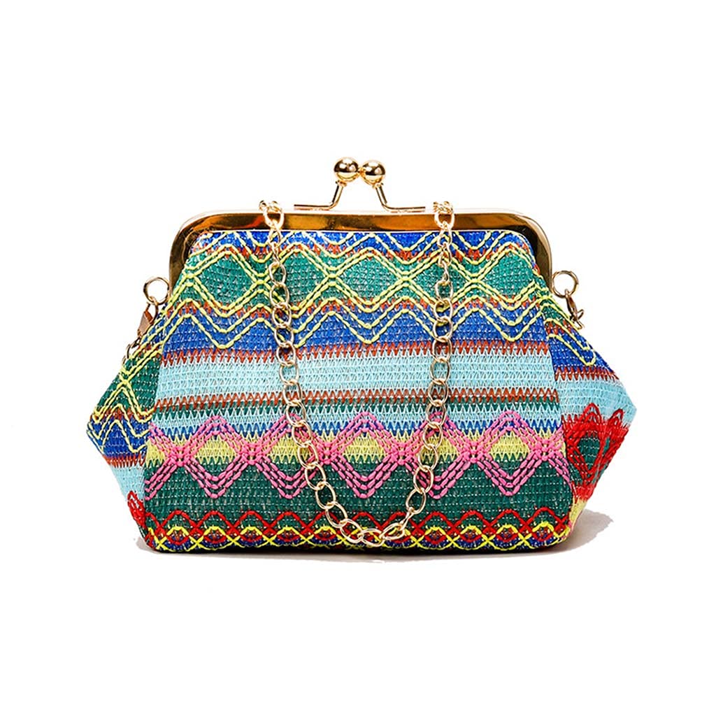Ruzida Women Diagonal bag Straw Weave Handbag Purse Mini Kiss Lock Bag Ethnic Style Chain Crossbodies Bag Summer Outdoor Bags