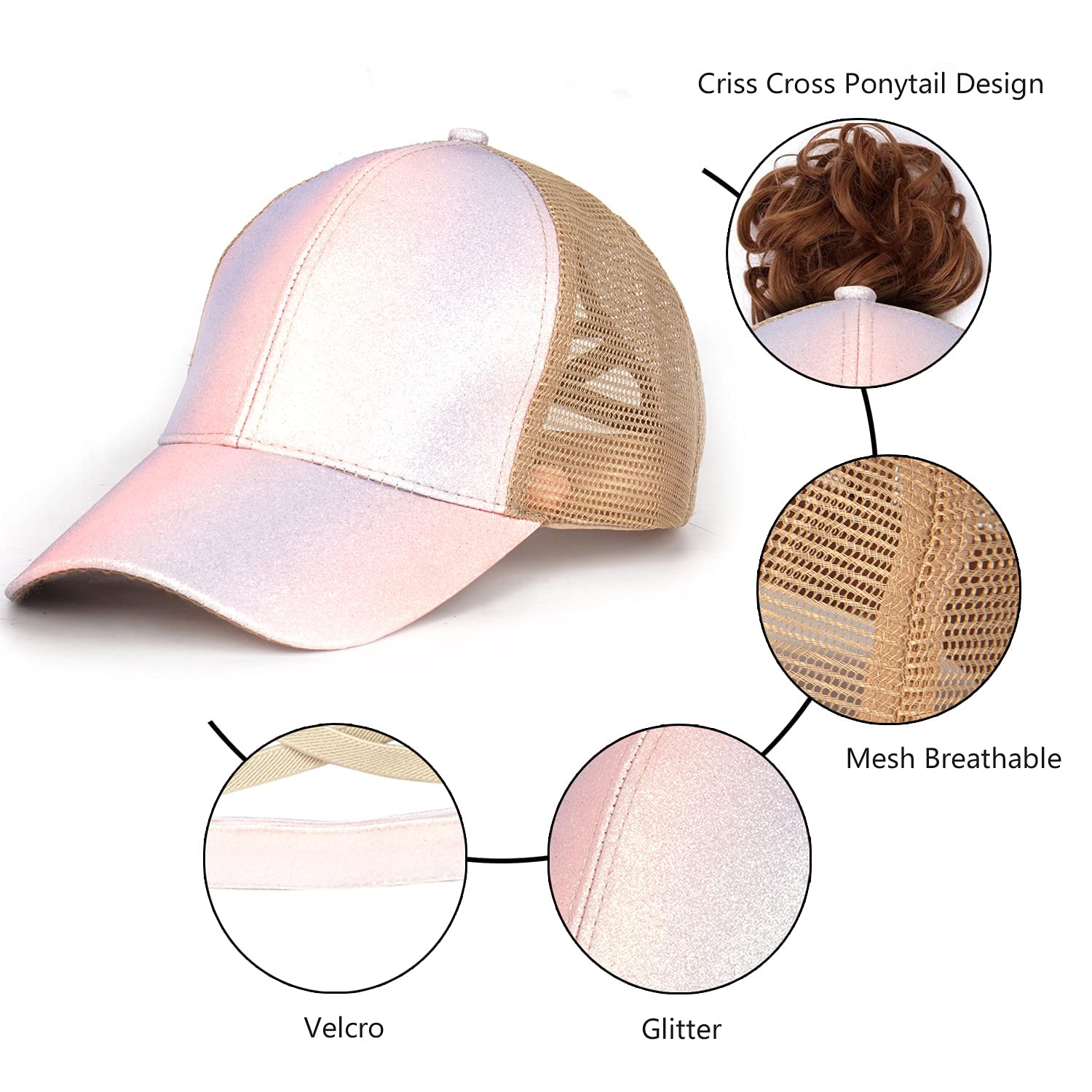 Bling Ponytail Hat Baseball Cap Mesh Criss Cross Ponytail Hat Women's Adjustable Messy Bun Hat Sequins Glitter Ponycap