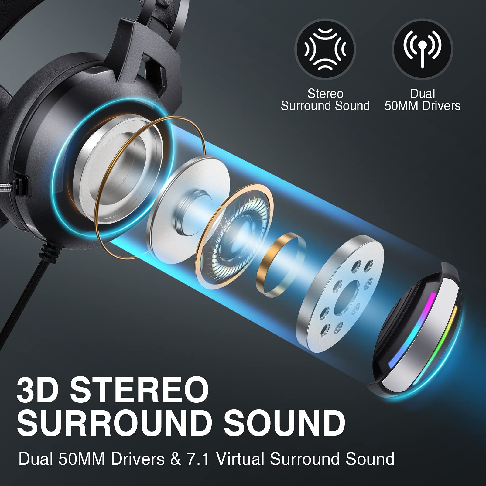BraveKoi Stereo Gaming Headset, Noise Canceling Gaming Headphones with Microphone and RGB Lights, 3.5mm Wired Gaming Headset for PS5, PS4, Xbox One, PC, Laptop, Nintendo Switch, Tablet