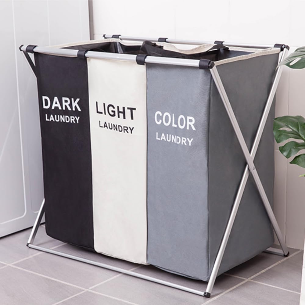 THABATAD Laundry Basket, 3 Section Laundry Hamper Printed Dark Light Color, Foldable Laundry Sorter Basket Bin w/Aluminum Frame, Waterproof Clothes Hamper for Bathroom, Bedroom, Dorm, Multicolored