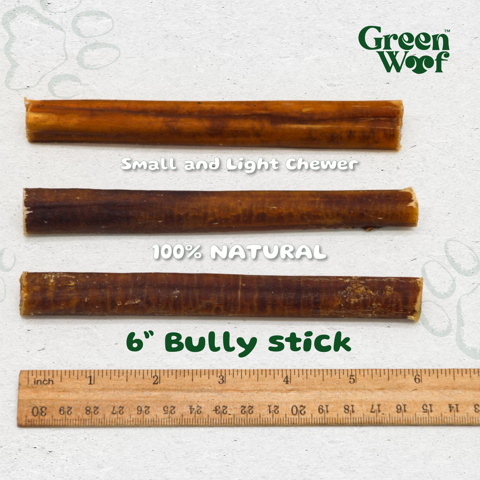 Green Woof, Bully Sticks (6 Inch), Easily Digestible 100% Pure Beef Treats, Pasture-Raised, Organic, Grain-Free, Durable and Long-Lasting Chews for Medium & Large Dogs (Medium, 10, Count)