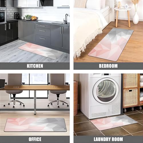 chiinvent Pink Kitchen Rug Set of 2, Anti-Fatigue Pink and Grey Marble Kitchen Mat, Non-Slip Waterproof Comfort Standing PVC Kitchen Mats for Floor, Memory Foam Cushioned Rugs,17.3"x28"+17.3"x47"