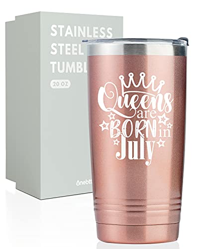 Onebttl Happy Birthday Tumbler for Women, Funny Birthday Gifts for Her, Girlfriend, Friends, Wife, Mom, Daughter, Sister, 20 oz Stainless Steel Cup with Lid, Rose Gold, Queens are Born in July